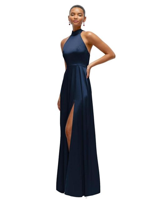 After Six Band Collar Halter Open Back Fluid Satin Maxi Dress in Blue ...