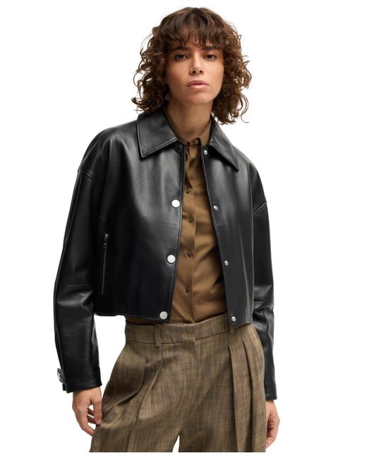 BOSS Boss By Cropped Leather Jacket in Brown | Lyst