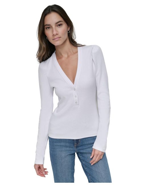 DKNY Petite Puffed-shoulder Knit Top in White | Lyst