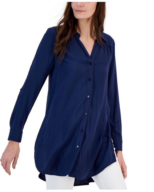 Inc International Concepts Roll Tab Button Down Long Blouse Created
