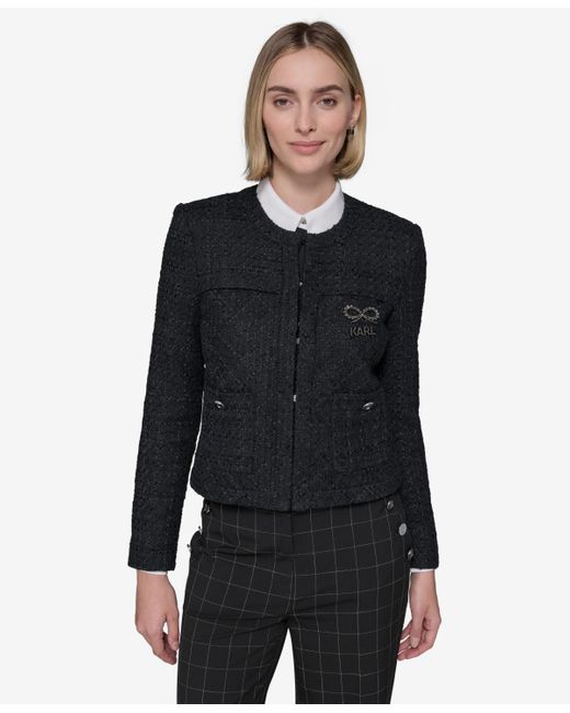 Karl Lagerfeld Bow-trim Tweed Jacket in Black | Lyst