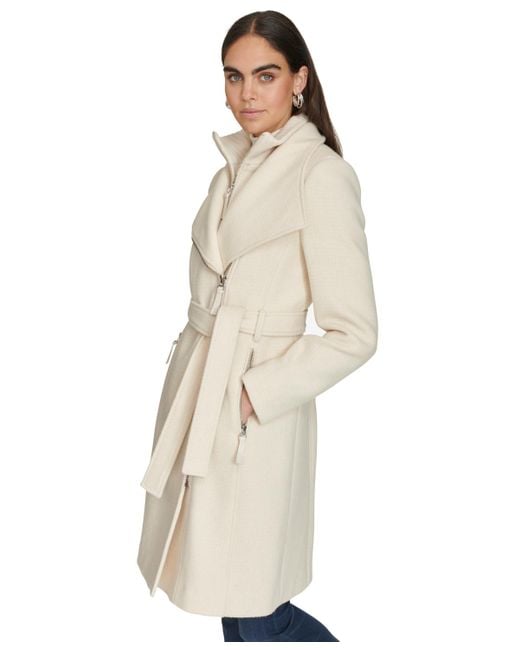 Calvin Klein Wool Blend Belted Wrap Coat in Natural | Lyst