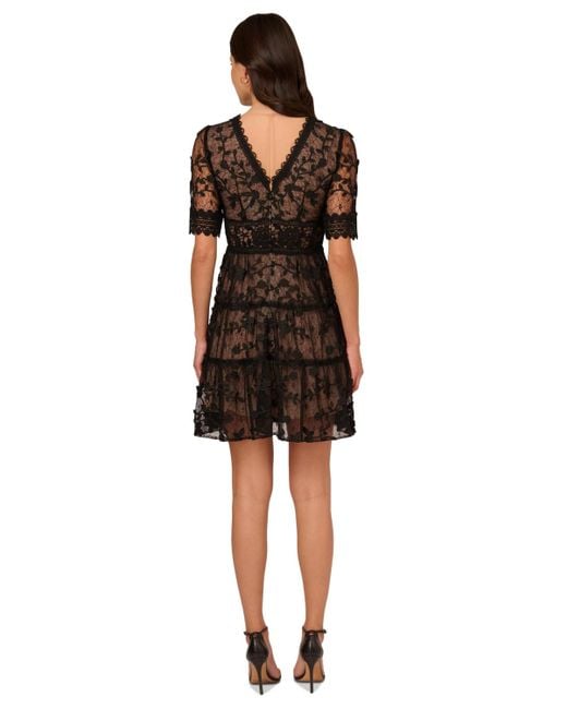 Adrianna Papell V-neck Lace Embroidery Dress in Black | Lyst