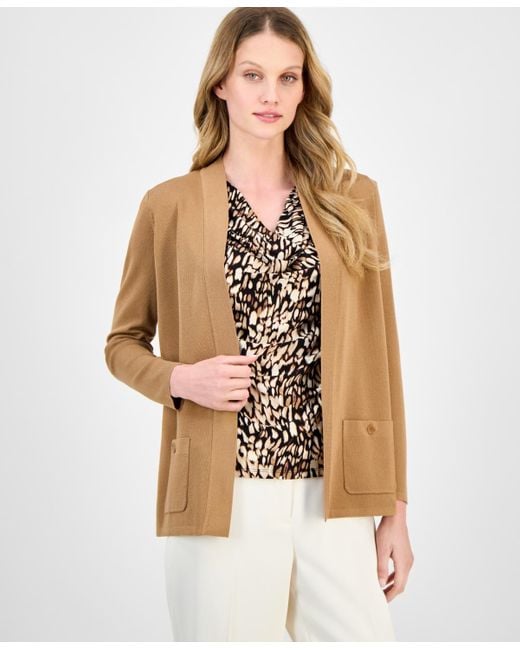 Anne Klein Malibu Fine Rib Open-front Cardigan in Natural | Lyst