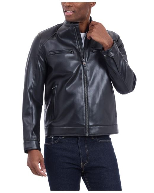 Michael Kors Faux Leather Moto Jacket in Blue for Men | Lyst