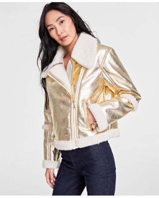 INC International Concepts Cropped Metallic Aviator Jacket in White | Lyst