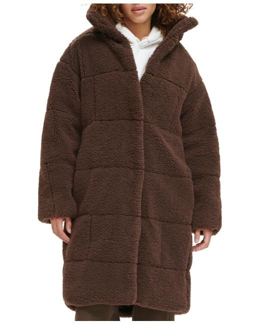 Levi's Long Sherpa Snap-closure Teddy Coat in Brown | Lyst