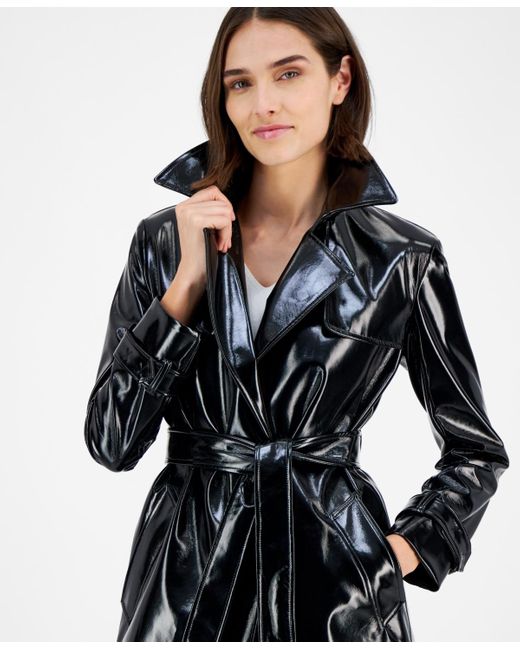 Anne Klein Patent Faux-leather Trench Coat in Black | Lyst