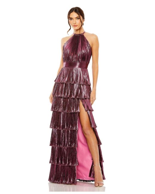 Mac Duggal Ieena Heat Pleated Tiered Ruffle Metallic Gown Lyst