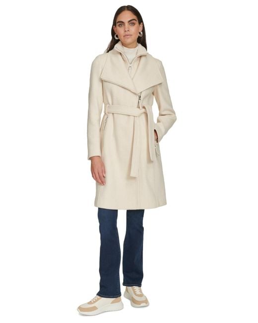 Calvin Klein Wool Blend Belted Wrap Coat in Natural | Lyst