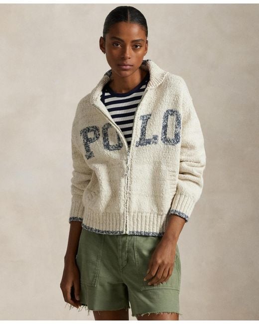 Polo Ralph Lauren Logo Shawl-collar Full-zip Cardigan in Natural | Lyst