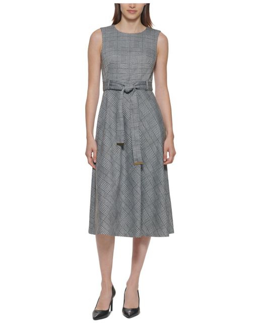 Calvin Klein Synthetic Plaid Belted Fit And Flare Midi Dress In Black Lyst