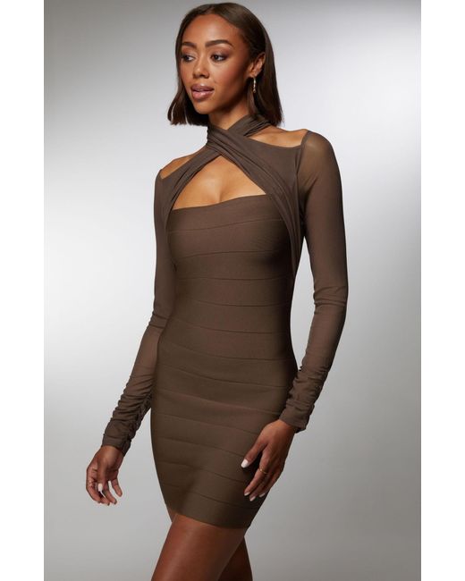 Bebe X Ciara Mesh Overlay Bandage Dress in Brown | Lyst