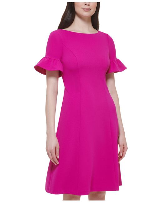 Jessica Howard Solid Flutter Sleeve Fit And Flare Dress In Pink Lyst