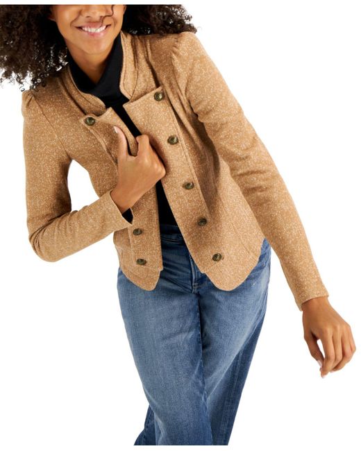 Tommy Hilfiger Cotton Puffed Sleeve Band Jacket In Tobacco Brown Ivory