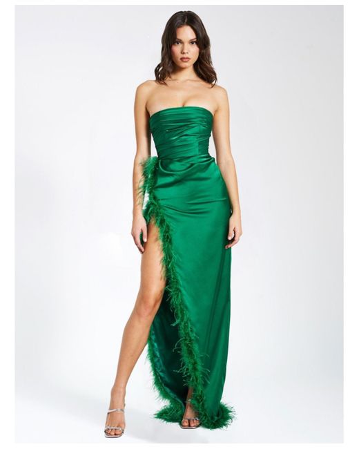 Miss Circle Perrin Feather Dress High Slit Gown in Green | Lyst