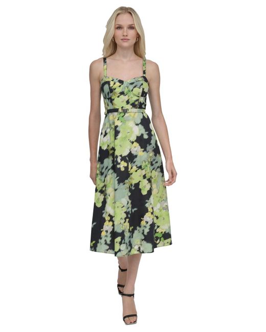 DKNY Cotton Corset Belted Midi Dress in Green | Lyst