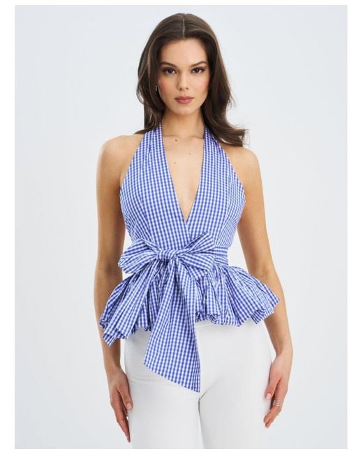 Miss Circle Ilene Blue And White Checkered Bubble Hem Halter Top | Lyst