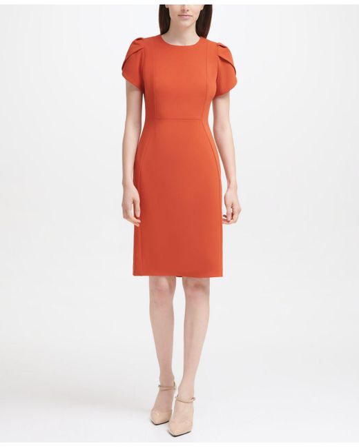 Calvin Klein Synthetic Tulip-sleeve Sheath Dress in Orange | Lyst