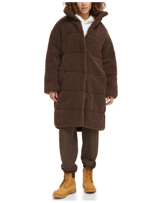 Levi's Long Sherpa Snap-closure Teddy Coat in Brown | Lyst
