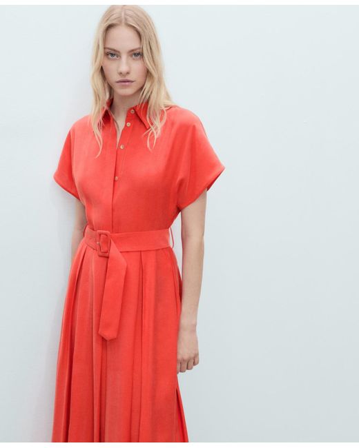 Mango Fla Belted Midi Dress in Red | Lyst