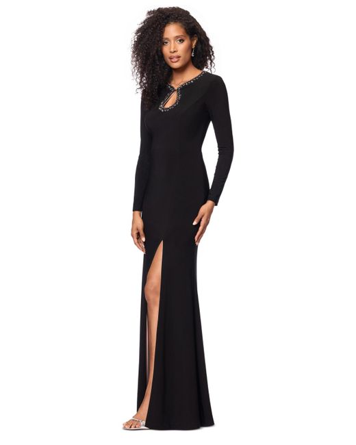 Xscape Embellished Keyhole-neck Long-sleeve Gown in Black | Lyst