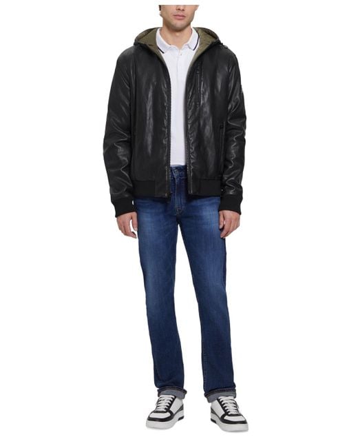 Guess Gary Faux Leather Hooded Jacket in Black for Men | Lyst
