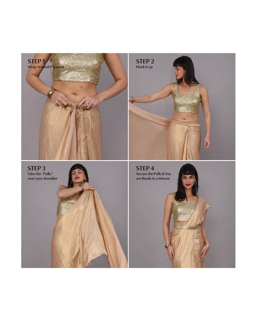 One Minute Saree Meera Peach & Gold Shimmer Georgette Ready To Wear ...