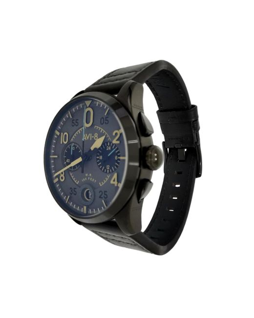 AVI-8 Spitfire Lock Chronograph Black Leather Strap Watch in Gray for ...