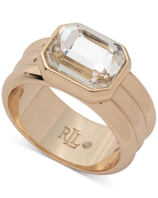 Ralph Lauren Gold-tone Crystal Stone Ribbed Ring in Natural | Lyst