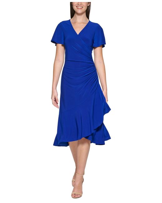 Kensie Synthetic Flutter Sleeve Midi Dress In Cobalt Blue Lyst