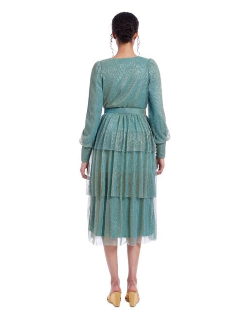 Badgley Mischka Jewel Badgley Mishka Metallic Tiered Midi Dress in Blue ...