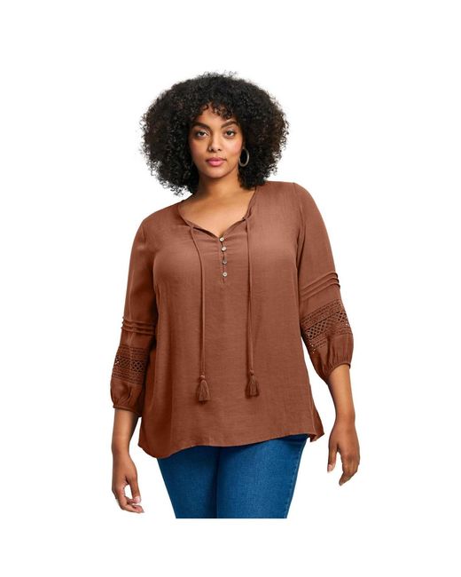 Avenue Plus Size Pintuck Lace Peasant Top | Lyst