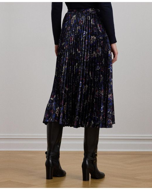 Ralph Lauren Floral Pleated Satin Charmeuse Skirt in Blue | Lyst