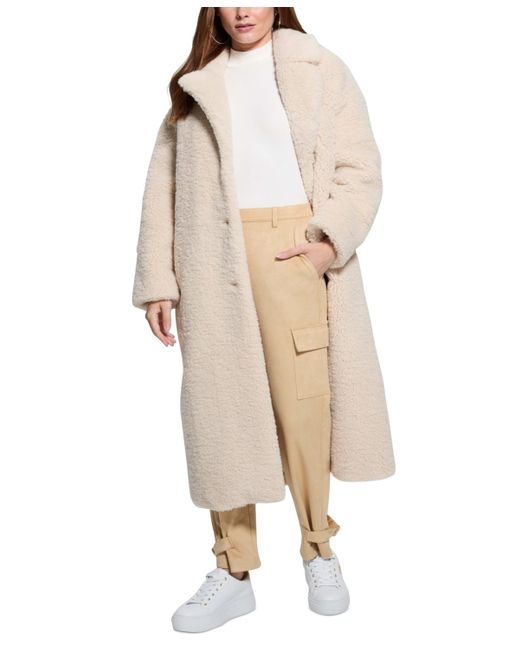 Guess Alina Teddy Longline Coat in Natural | Lyst