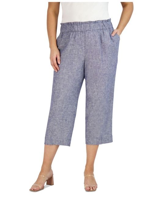 Jones New York Plus Size Linen Chambray Cropped Pull On Pants In