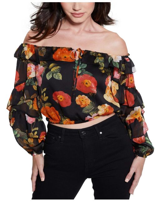 Guess Shani Floral Print Off The Shoulder Top In Black Lyst
