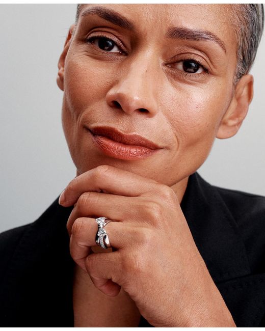 PANDORA Sparkling Bow Double-row Ring in White | Lyst