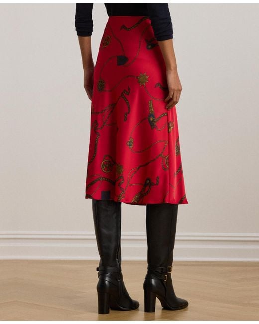 Ralph Lauren Belting-print Satin Charmeuse Midi Skirt in Red | Lyst
