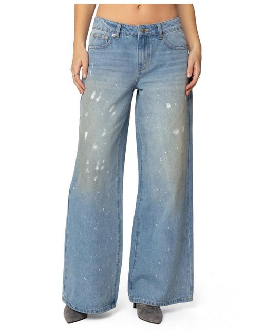 Edikted Paint Splatter Low Rise Jeans in Blue | Lyst