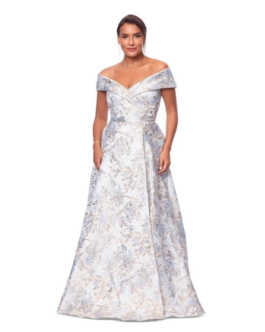 Xscape Petite Off-the-shoulder Metallic Jacquard Gown in White | Lyst