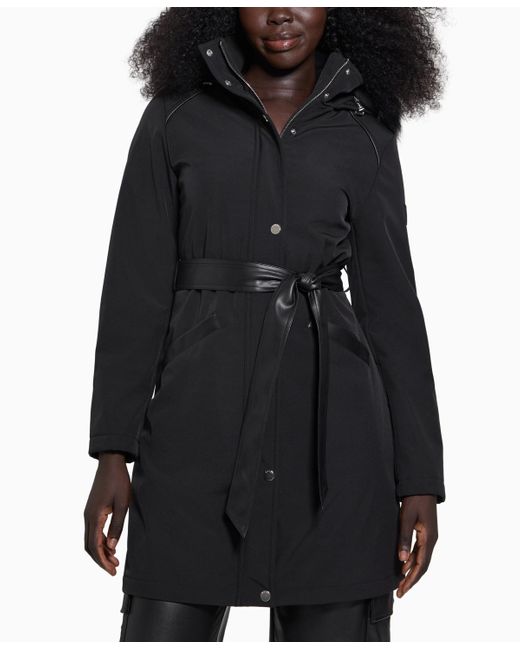 Guess Faux-fur-trim Hooded Belted Raincoat in Black | Lyst