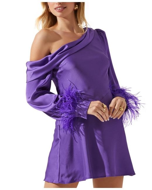 Astr Augusta Feather-trim One-shoulder Dress in Purple | Lyst