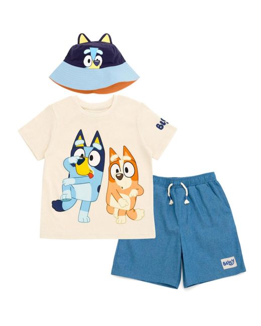 Bluey Boys T-shirt Chambray Shorts And Twill Bucket Sun Hat 3 Piece ...