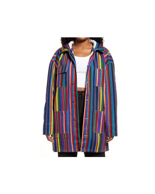 Cross Colours Stripe Hooded Barn Jacket in Blue for Men | Lyst