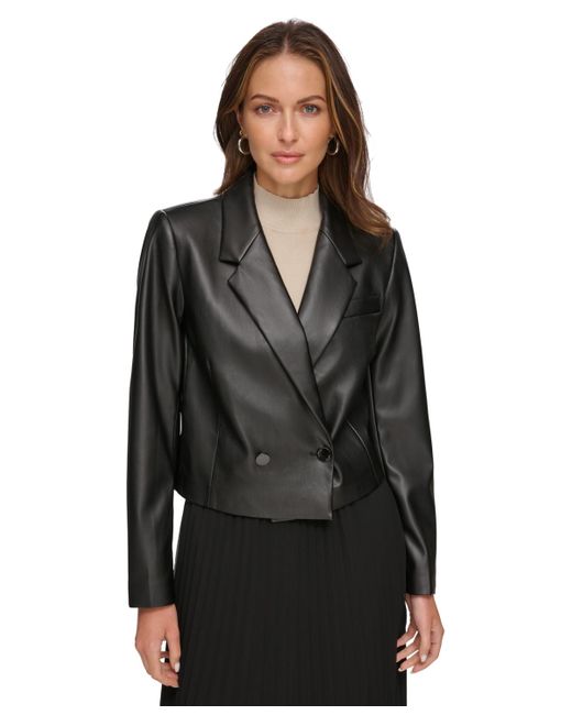 Dkny Cropped Double Breasted Faux Leather Blazer In Black Lyst