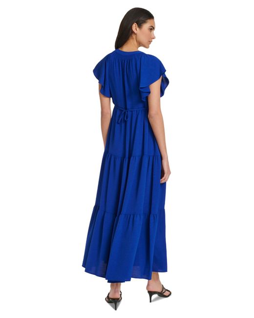 Calvin Klein Split-neck Tiered Maxi Dress in Blue | Lyst