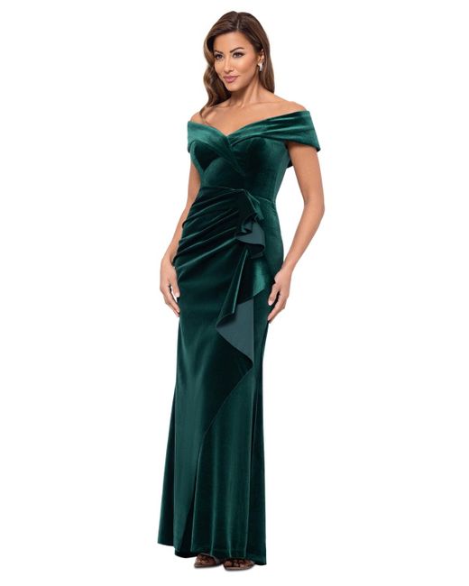 Xscape Petite Ruffled Off-the-shoulder Velvet Gown in Green | Lyst