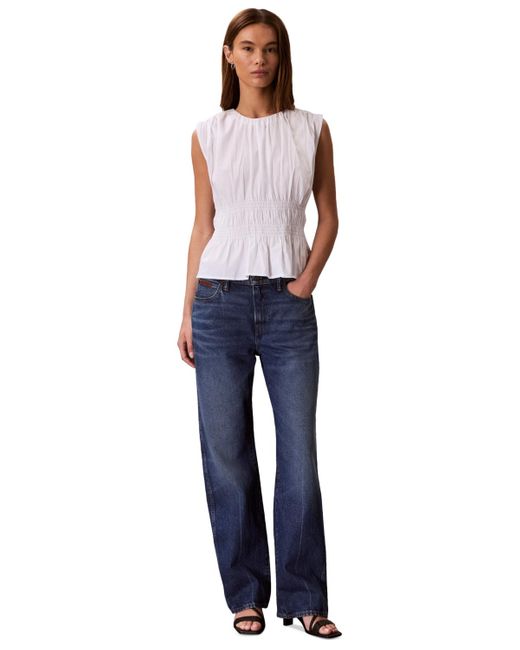 Calvin Klein Ruched Cotton Poplin Top in White | Lyst