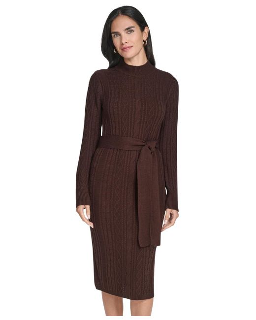 Jessica Howard Long Sleeve Mock Neck Belted Midi Sweater Dress in Brown ...
